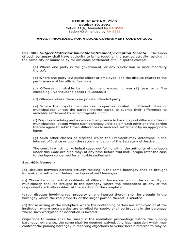 Local Government Code of 1991 Sec. 408 418 | PDF | Mediation | Arbitration