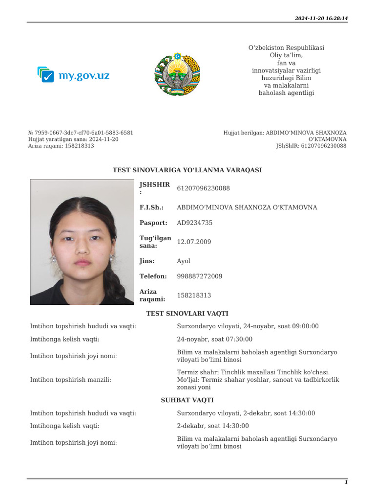 Test Sinovlariga Yo Llanma Varaqasi Jshshir: F.I.Sh.: Pasport: Tug ...