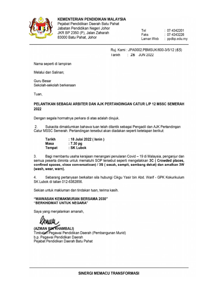 Surat Perlantikan Arbiter Dan AJK Catur MSSC Semerah 2022 | PDF