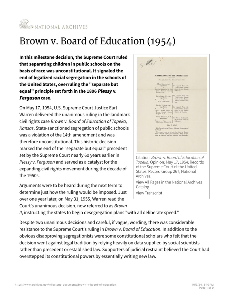 Brown v. Board of Education (1954) - National Archives | PDF | Brown V ...