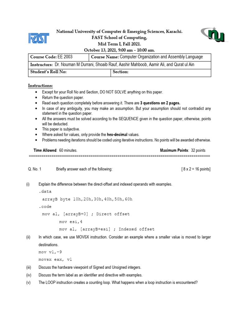 Mid1 2021 | PDF | Assembly Language | Computing