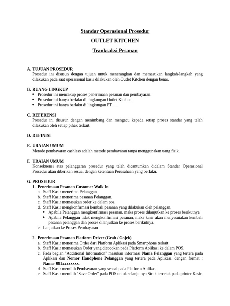 SOP Kitchen Transaksi Pesanan | PDF