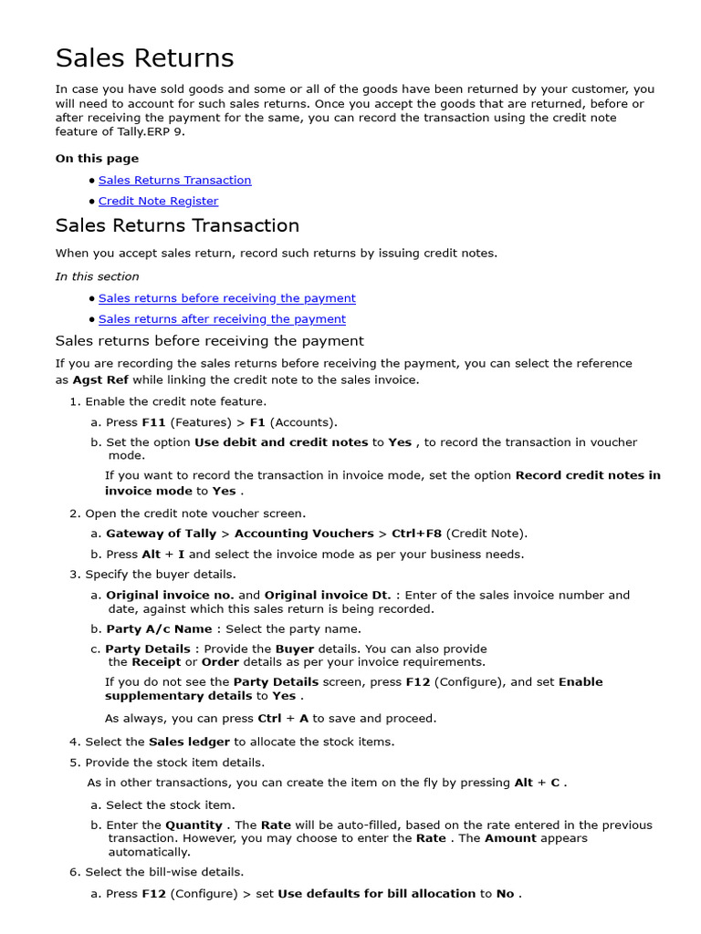 Sales Returns - Tally - ERP 9 | PDF | Invoice | Voucher