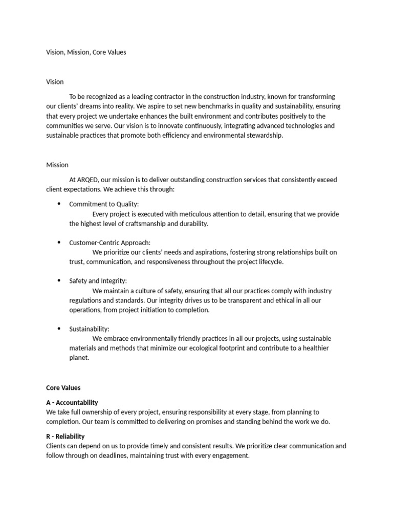 Vision Mission Core Values Org. Chart | PDF | Sustainability | Economies
