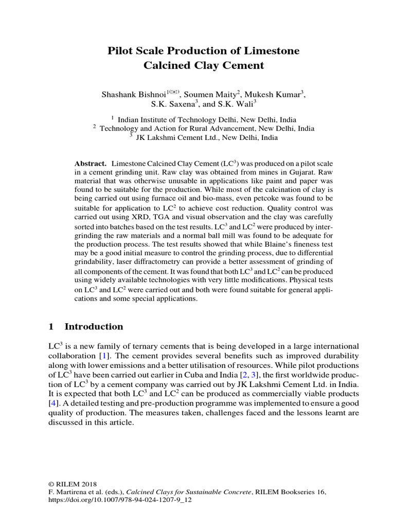 Pilot Scale Production of Limestone Calcined Clay Cement 00160012 | PDF | Cement | Concrete