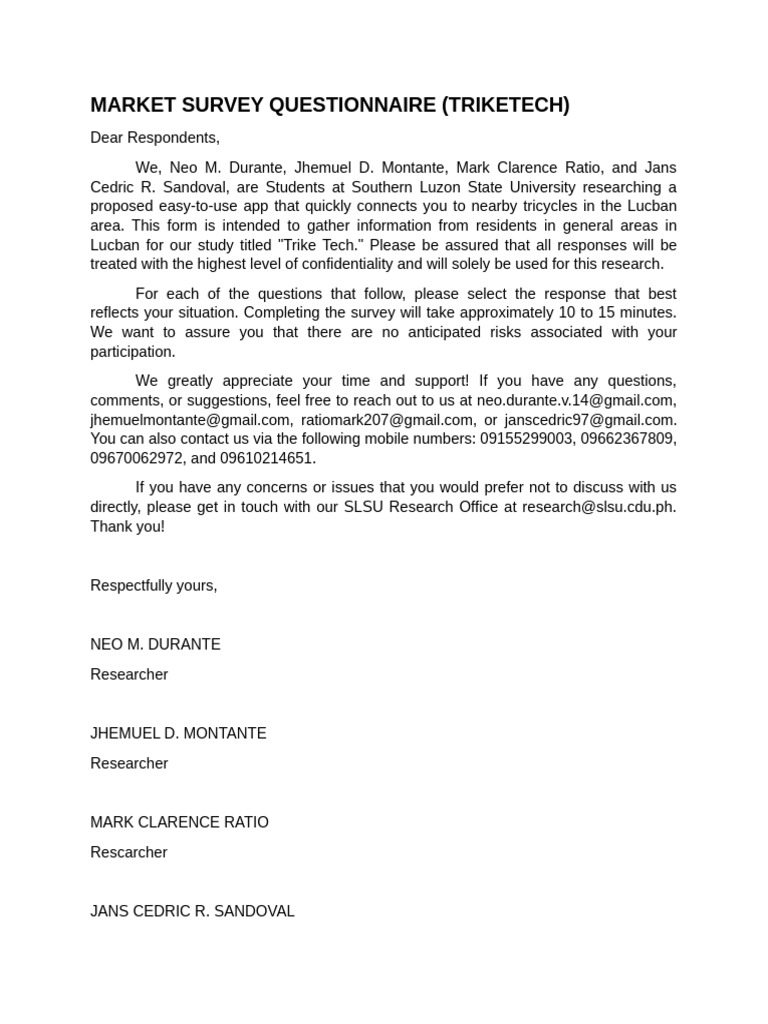 TrikeTech Market Survey in Lucban | PDF | Transport | Privacy