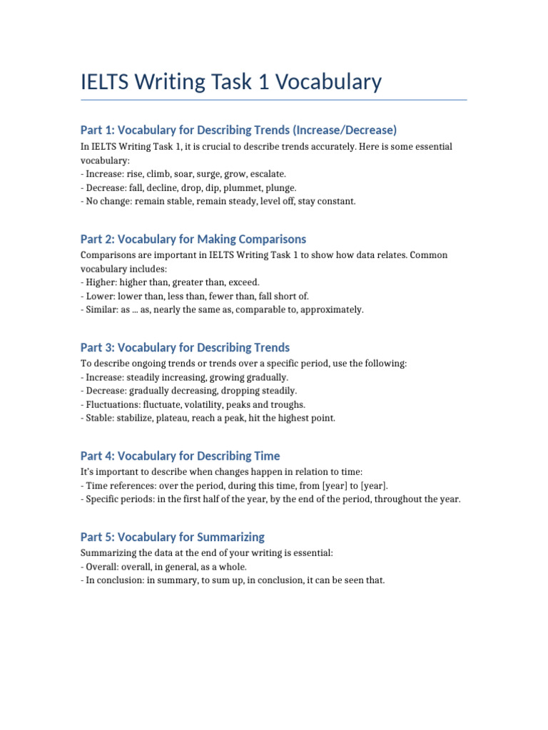 IELTS Writing Task 1 Vocabulary Summary | PDF