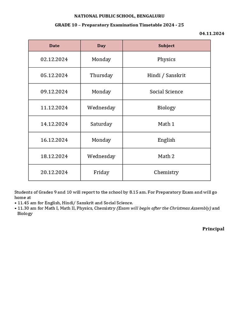 Grade 10 - Preparatory Exam Timetable 2024-25 1404822030 1730708428 | PDF