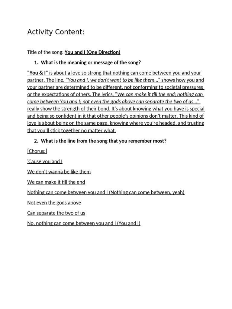 Meaning of "You and I" by One Direction | PDF