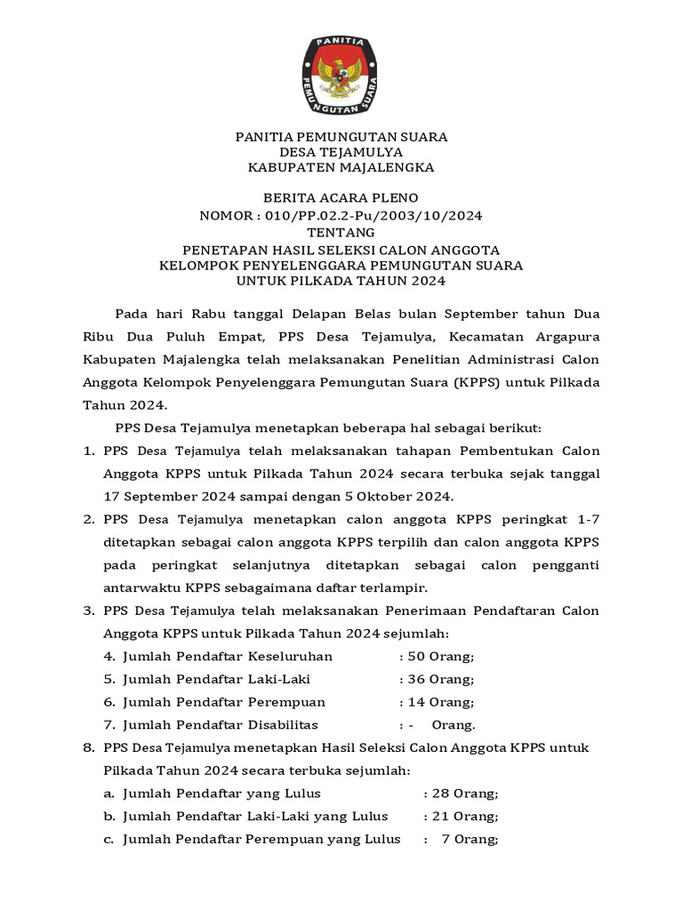 010 Berita Acara PPS Penetapan Hasil Seleksi KPPS Desa Tejamulya | PDF