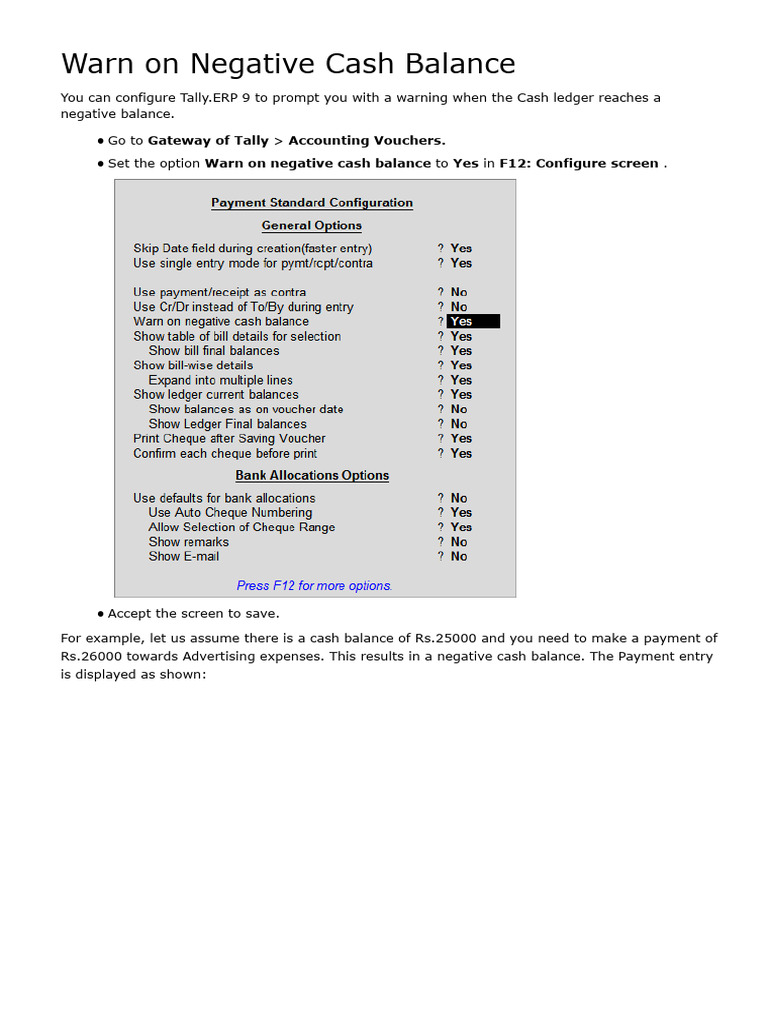Enable Negative Cash Balance Warning in Tally | PDF