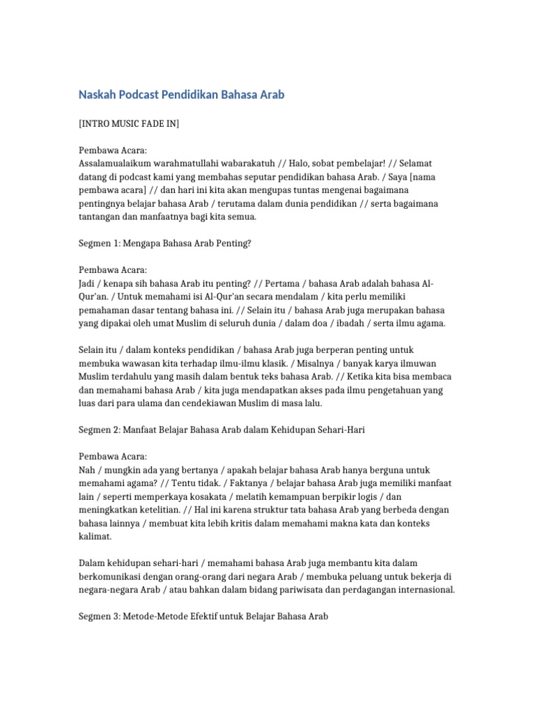 Naskah Podcast Pendidikan Bahasa Arab | PDF