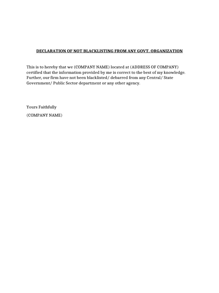 Non Blacklisting Declaration Template | PDF