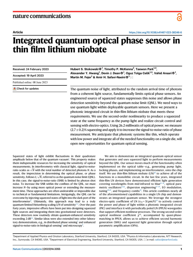 Integrated Quantum Optical Sensor | PDF | Interferometry | Nonlinear Optics
