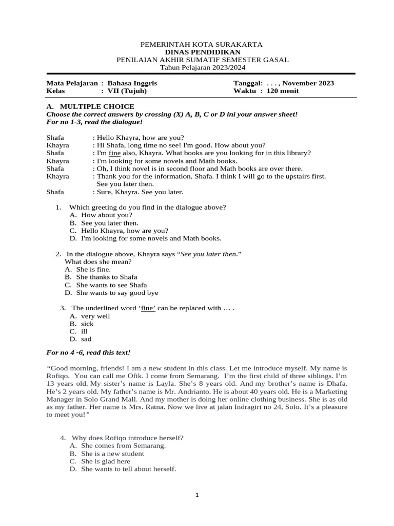 Soal Psas 1 Basing Klas 7 (Utama) | PDF | Paris | Lunch