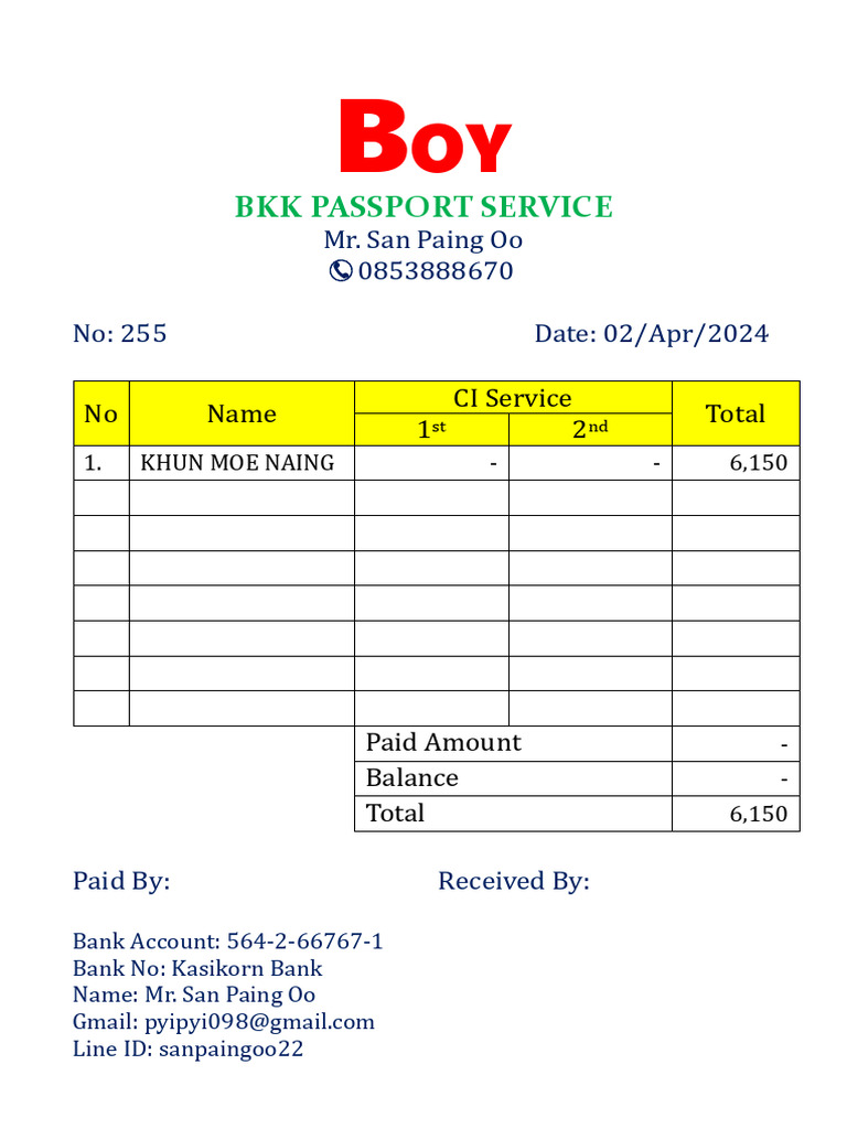 BKK Passport Service: Mr. San Paing Oo 0853888670 No: 255 Date: 02/apr/2024 | PDF
