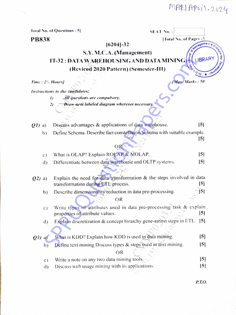 Postgraduate PG Master Computer Applications Mca Semester 3 2024 May Data Warehousing and Data ...