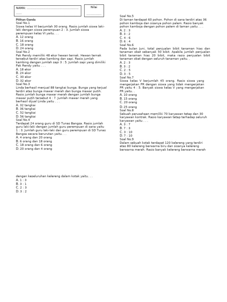 Soal Matematika Kelas 6 Penerapan Rasio Kurikulum Merdeka | PDF