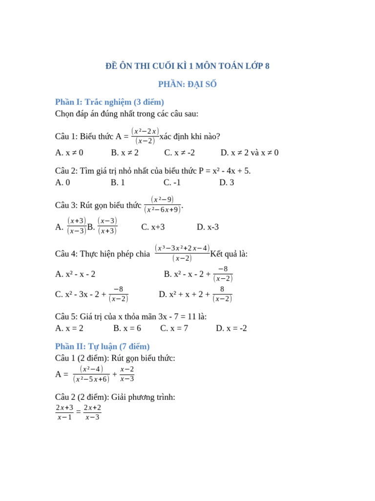 De Thi Cuoi Ki 1 Toan 8 | PDF