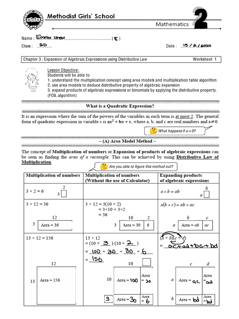 Sec2 Ch3 WS1 - Expansion Factorisation Algebraic Expressions | PDF | Factorization | Multiplication