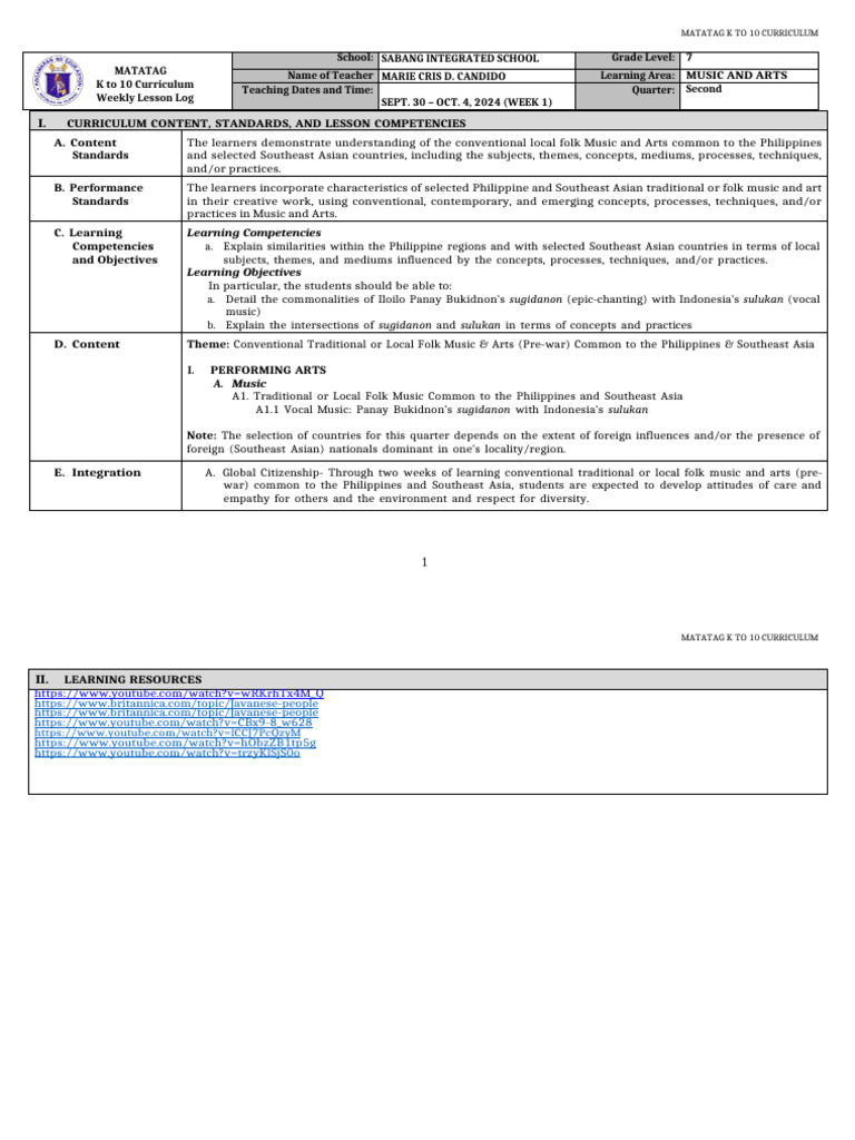 DLL Matatag - Music&arts 7 q2 w1 | PDF
