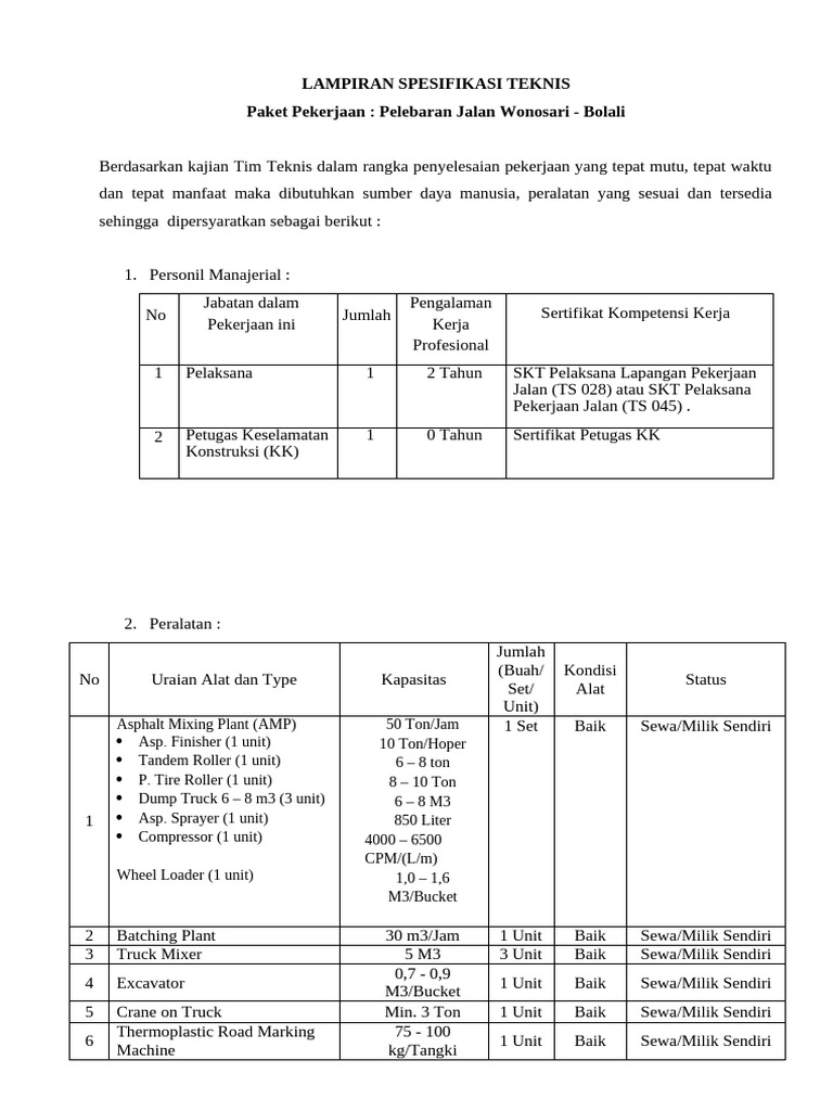 Lampiran Spesifikasi Teknis Paket Pekerjaan: Pelebaran Jalan Wonosari - Bolali | PDF
