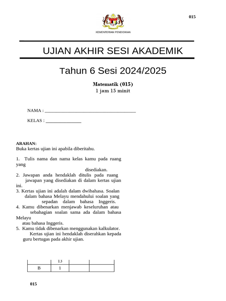 Instrumen Uasa Tahun 6 Set 1 | PDF