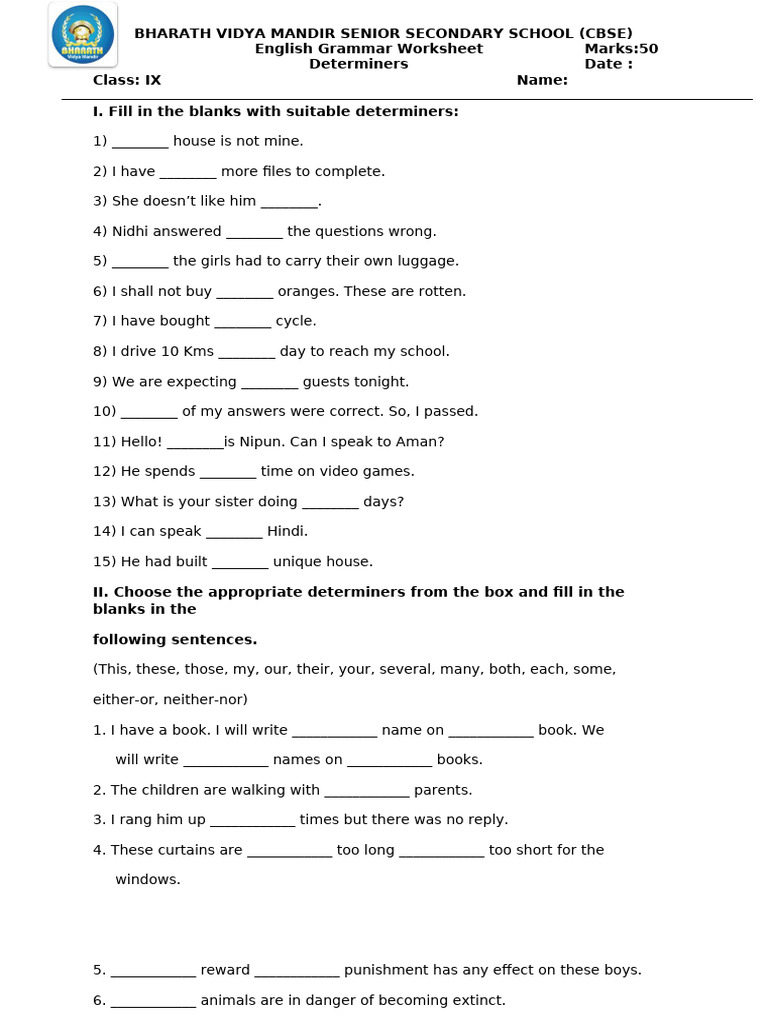 IX - Determiners Worksheet 1 | PDF