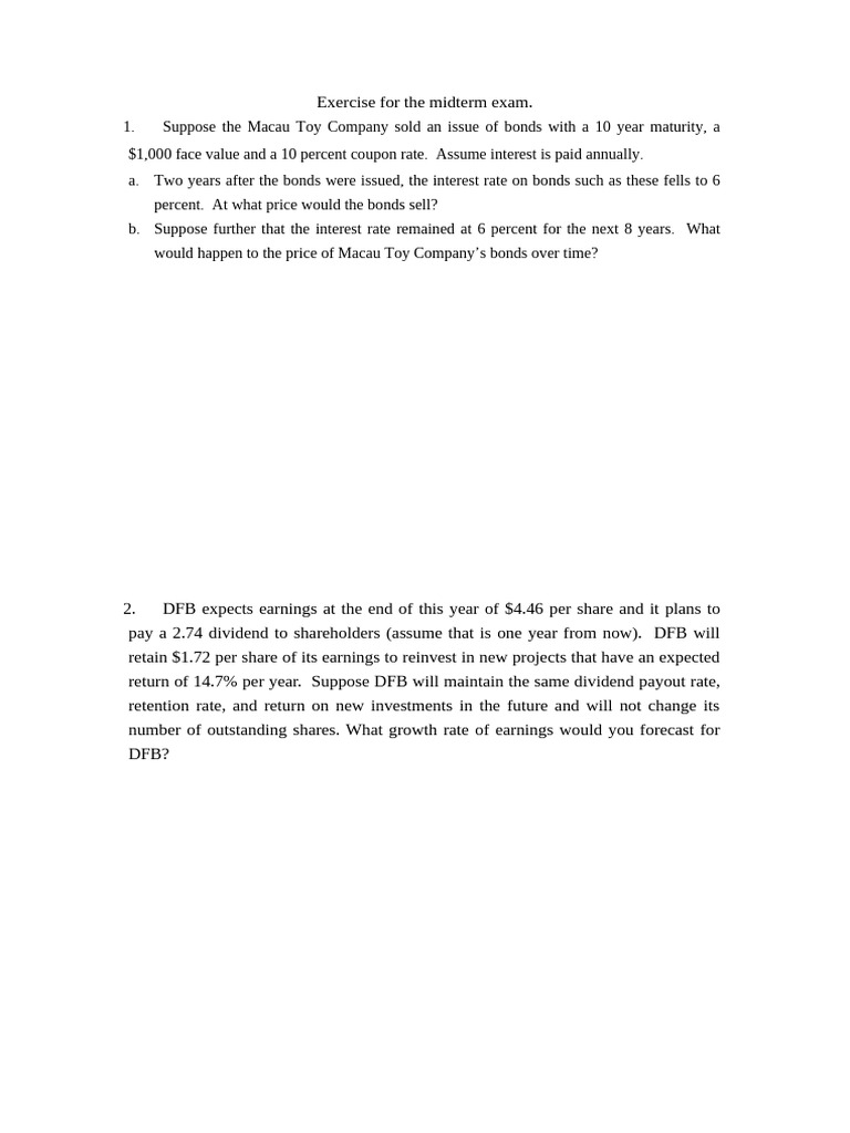 Exercise For Midterm Exam 2023 March With Answers | PDF | Bonds (Finance) | Interest