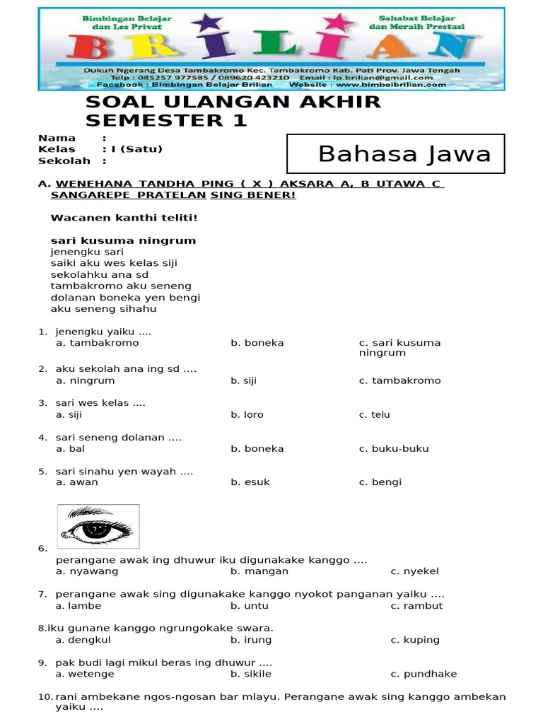 Soal UAS Bahasa Jawa Kelas 1 SD Semester 1 (Ganjil) Dan Kunci Jawabannya | PDF
