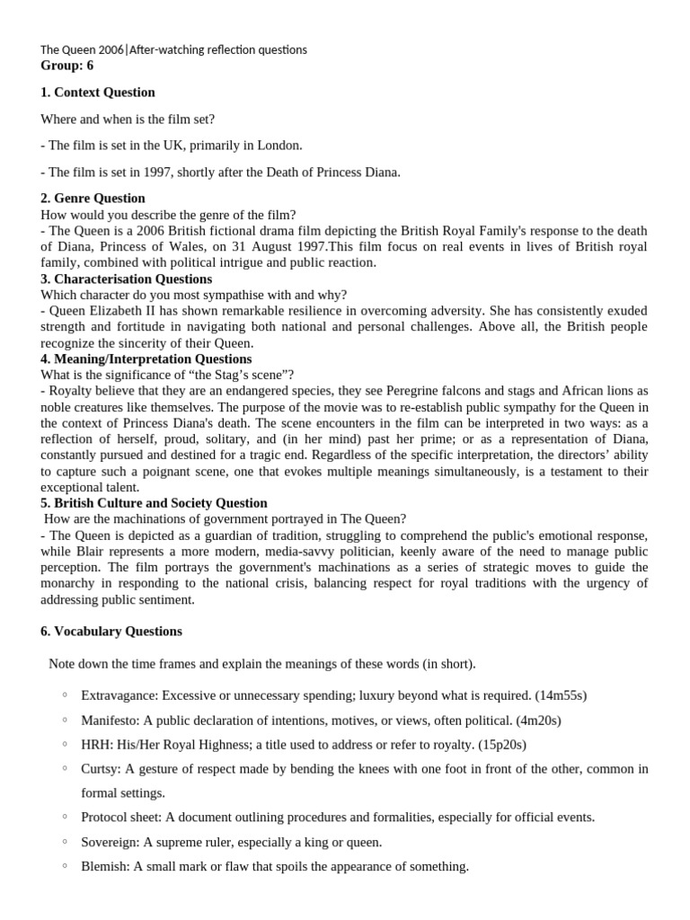 The Queen - Questions After Watching The Movie | PDF | Elizabeth Ii