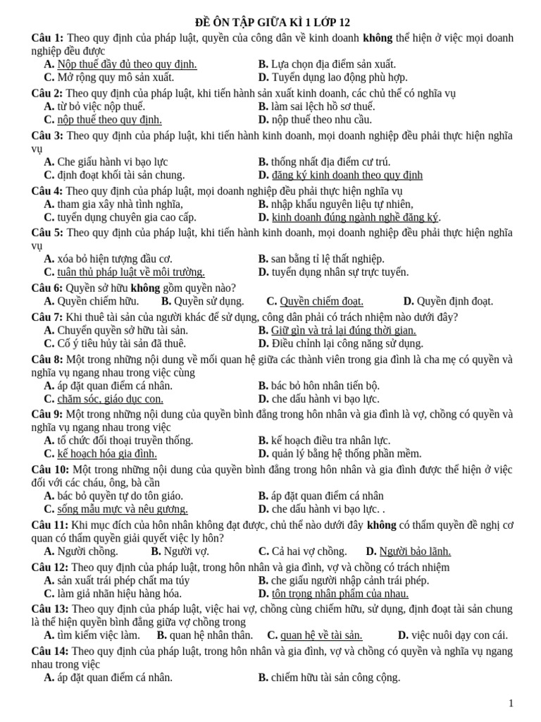 Đề KTG kì 1 lớp 12 đã xoá | PDF