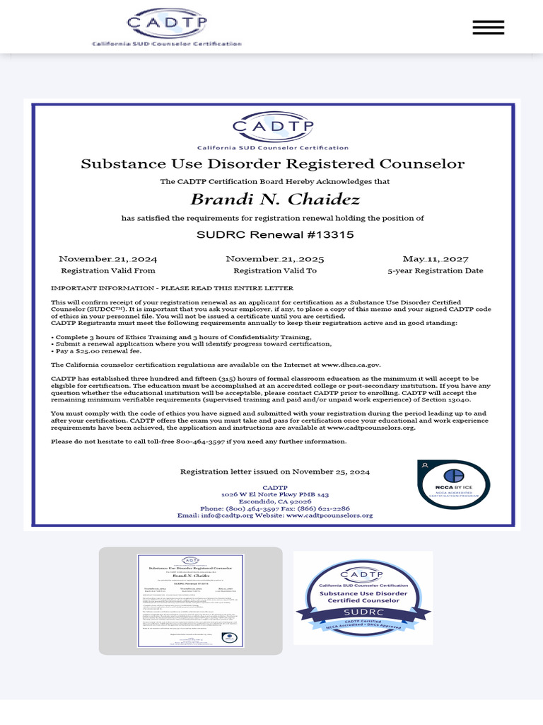 SUDRC Renewal - Brandi N. Chaidez - CADTP Digital Credential | PDF | Certification