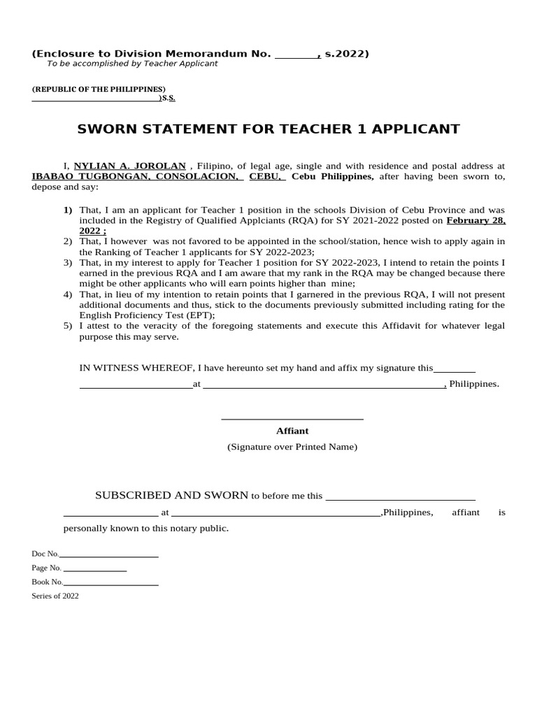 Sworn Statement For Teacher 1 Applicant | PDF