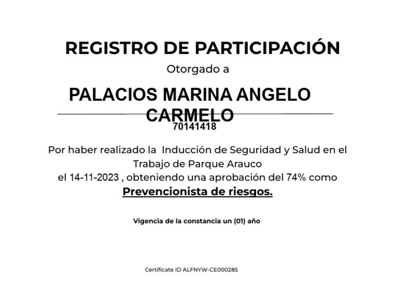 Certificate For Palacios Marina Angelo Carmelo For - Evaluaci - N SST para PDR | PDF