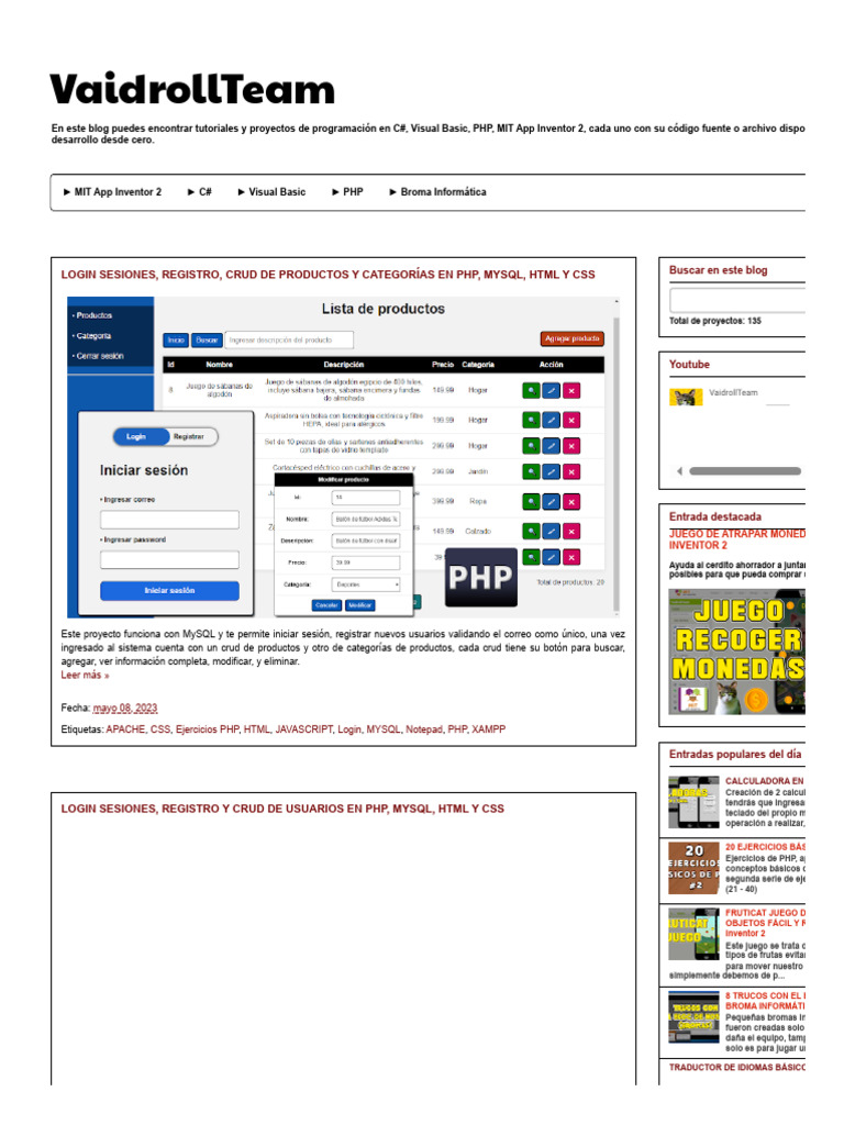 PHP y HTML - CSS - MYSQL - LOGIN BASICO CON ROLES - VaidrollTeam | PDF | Php | Mi sql