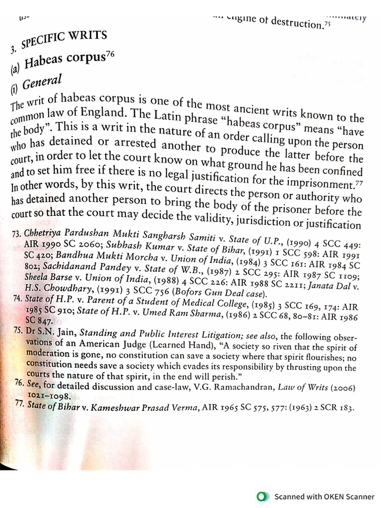 Writs Habeaus Corpus Mandamus Prohibition Certiorari Quo Warranto