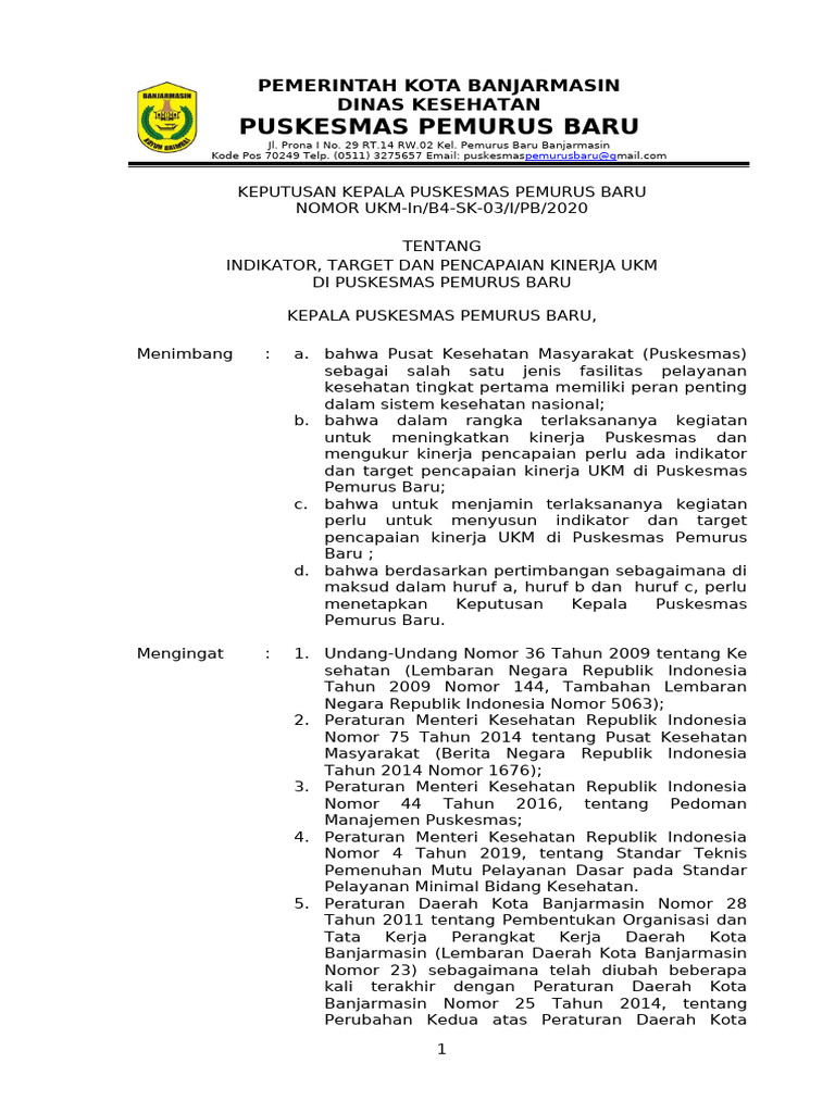 SK Tentang INDIKATOR DAN TARGET PENCAPAIAN KINERJA UKM OK | PDF