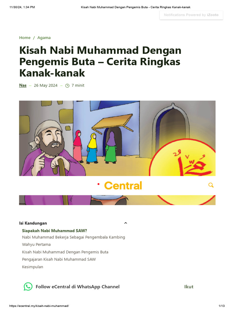 Kisah Nabi Muhammad Dengan Pengemis Buta - Cerita Ringkas Kanak-Kanak | PDF