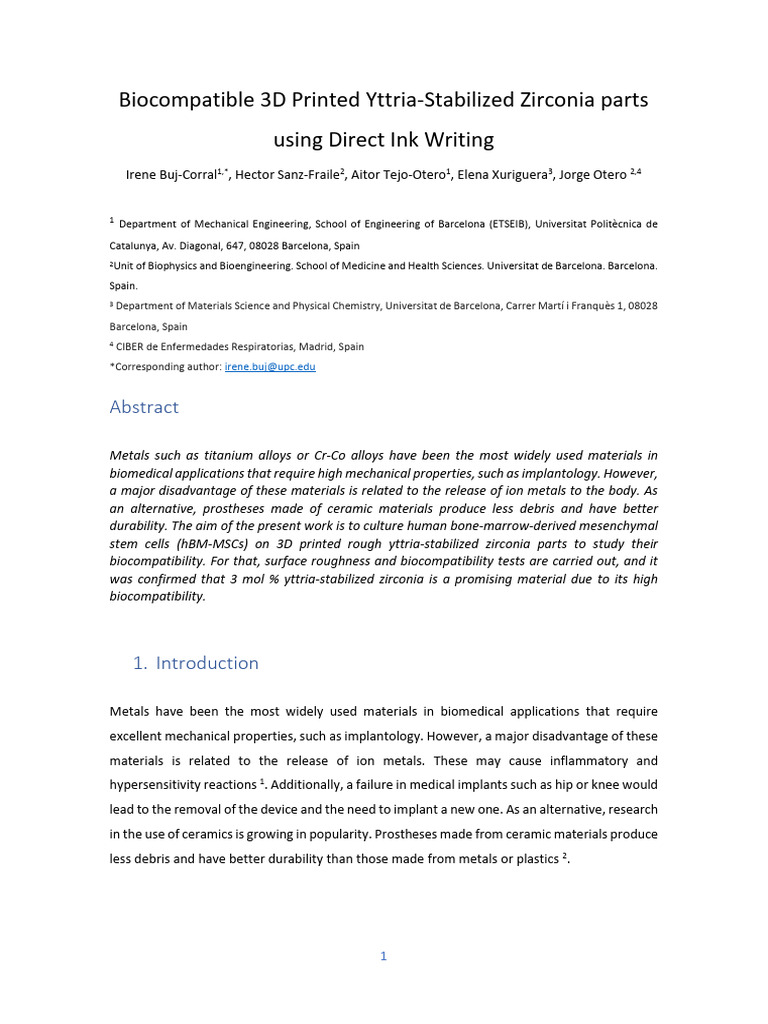 Biocompatible 3D Printed Yttria-Stabilized Zirconia Parts Using Direct Ink Writing | PDF ...
