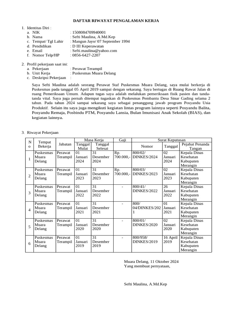 Riwayat Kerja Perawat Sefti Maulina | PDF