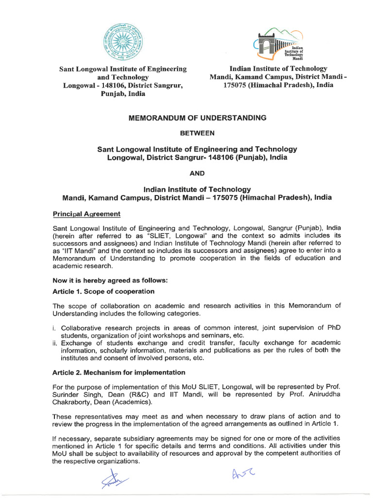 MoU Between SLIET and IIT Mandi | PDF