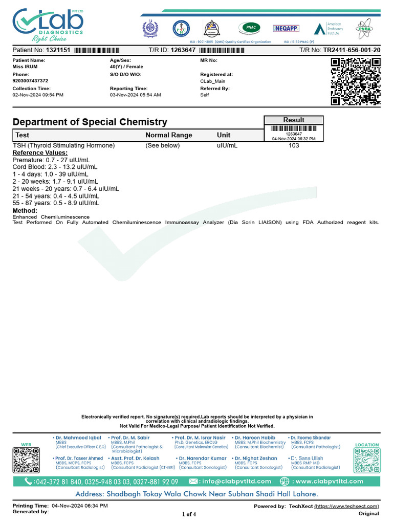 Department of Special Chemistry: Result Test Normal Range Unit | PDF ...