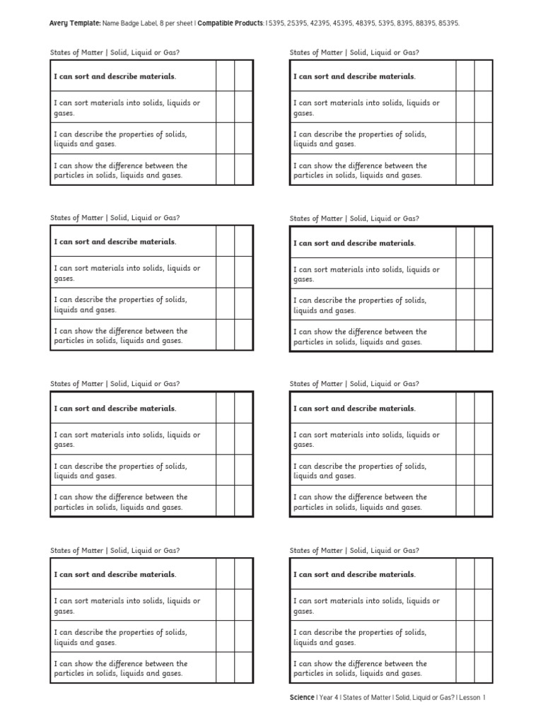 Success Criteria Grids Solid Liquid or Gas | PDF | Gases | Liquids