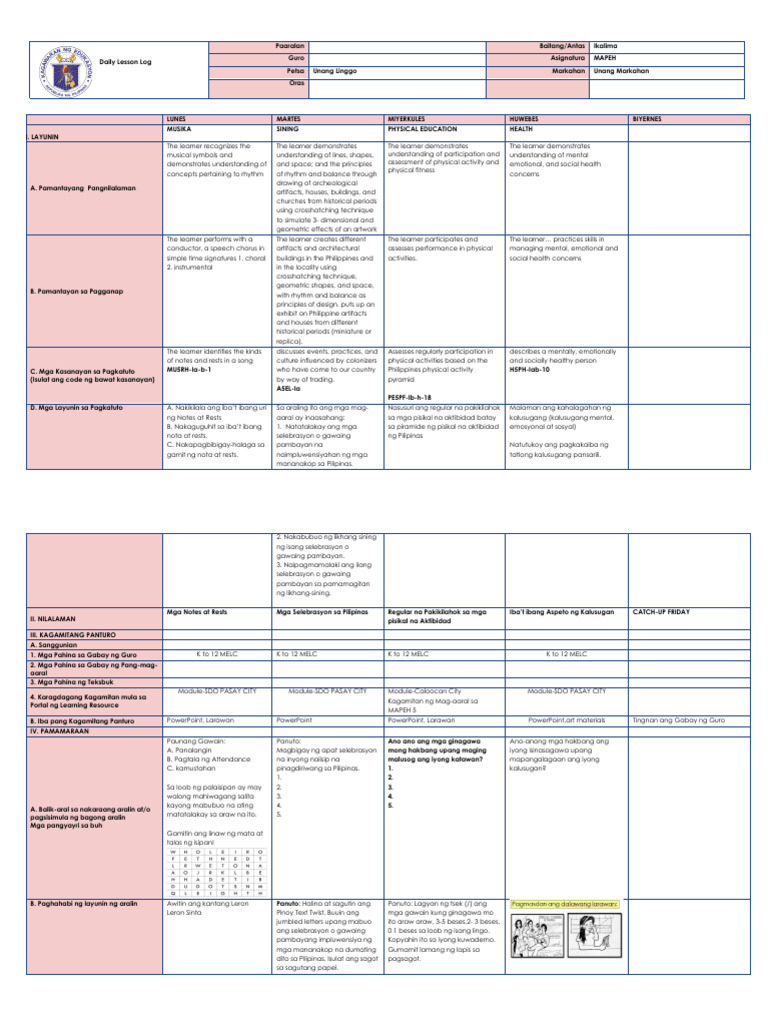 DLL Mapeh 5 W1-Q1 | PDF