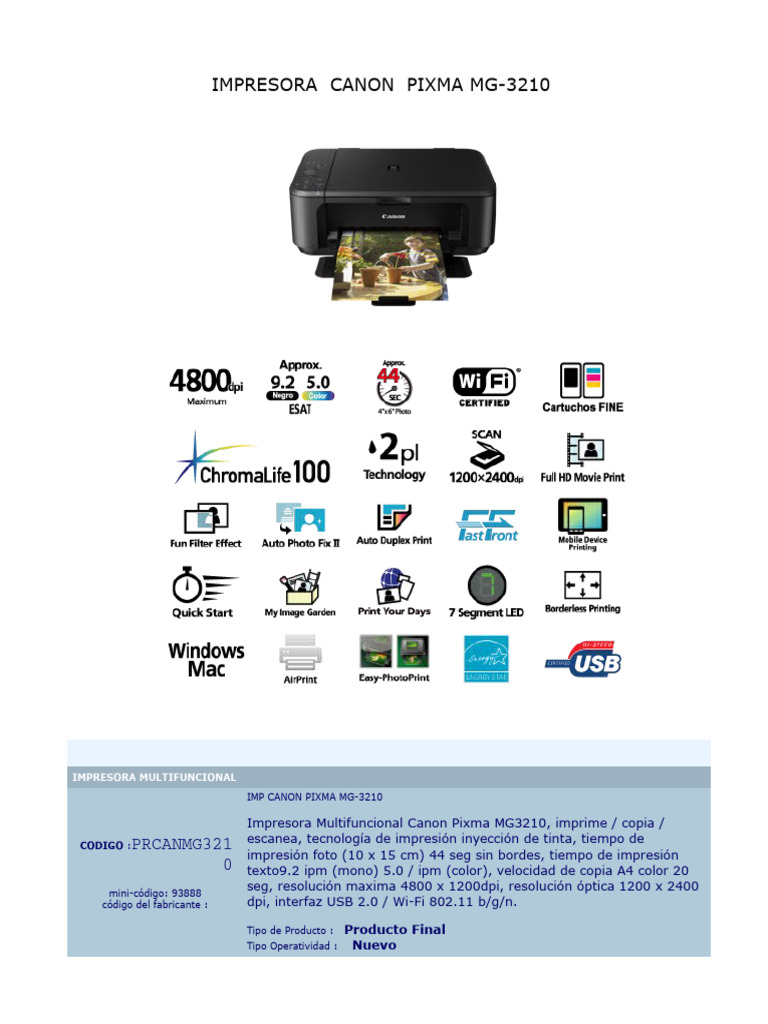 Toaz - Info Impresora Canon Pixma MG 3210 PR | PDF | Impresora ...