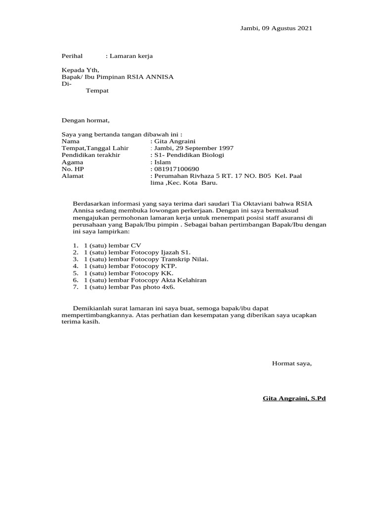 Surat Lamaran Rsia Annisa 2 | PDF