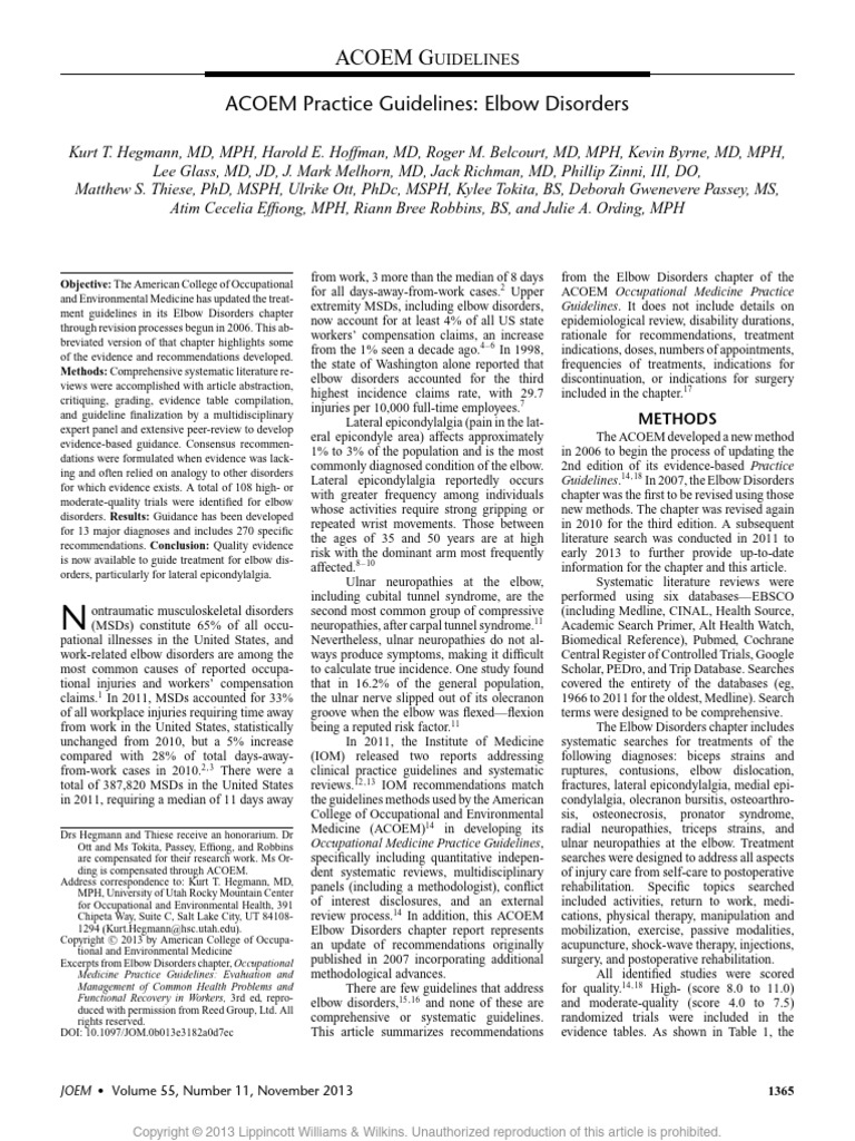 ACOEM Guidelines for Elbow Disorders | PDF | Elbow | Diseases And Disorders