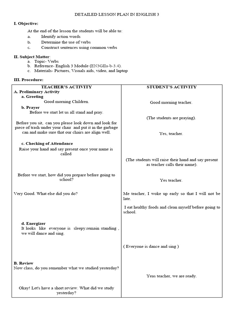 English 3 Lesson Plan on Verbs | PDF | Verb | Subject (Grammar)