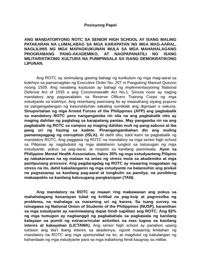 Halimbawa NG Posisyong Papel | PDF